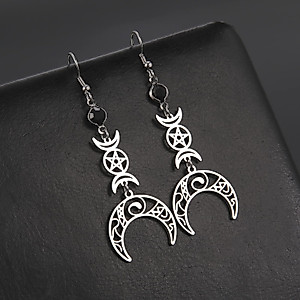 TEAMER Stainless Steel Crescent Goddess Black Birthstone Witches Knot Earrings Triple Moon Wicca Pentagram Gothic Celtic Knot Drop Earrings (Triple Moon - Steel)