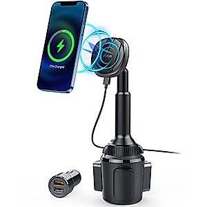 OQTIQ Magnetic Wireless Car Charger Mount for MagSafe Cup Holder Car Phone Mount Charger Adjustable Fast Charging with Cooling Fan Compatible with iPhone 14 13 12 Pro Max Mini [with QC 3.0 Adapter]