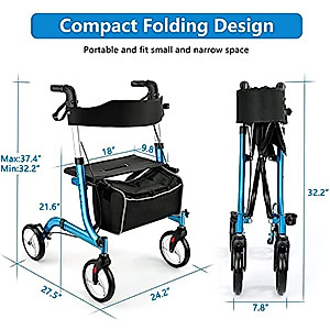 Winlove Rollator Walkers for Seniors-Folding Rollator Walker with Seat and Four 8-inch Wheels-Medical Rollator Walker with Comfort Handles and Thick Backrest-Lightweight Aluminium Frame,Blue