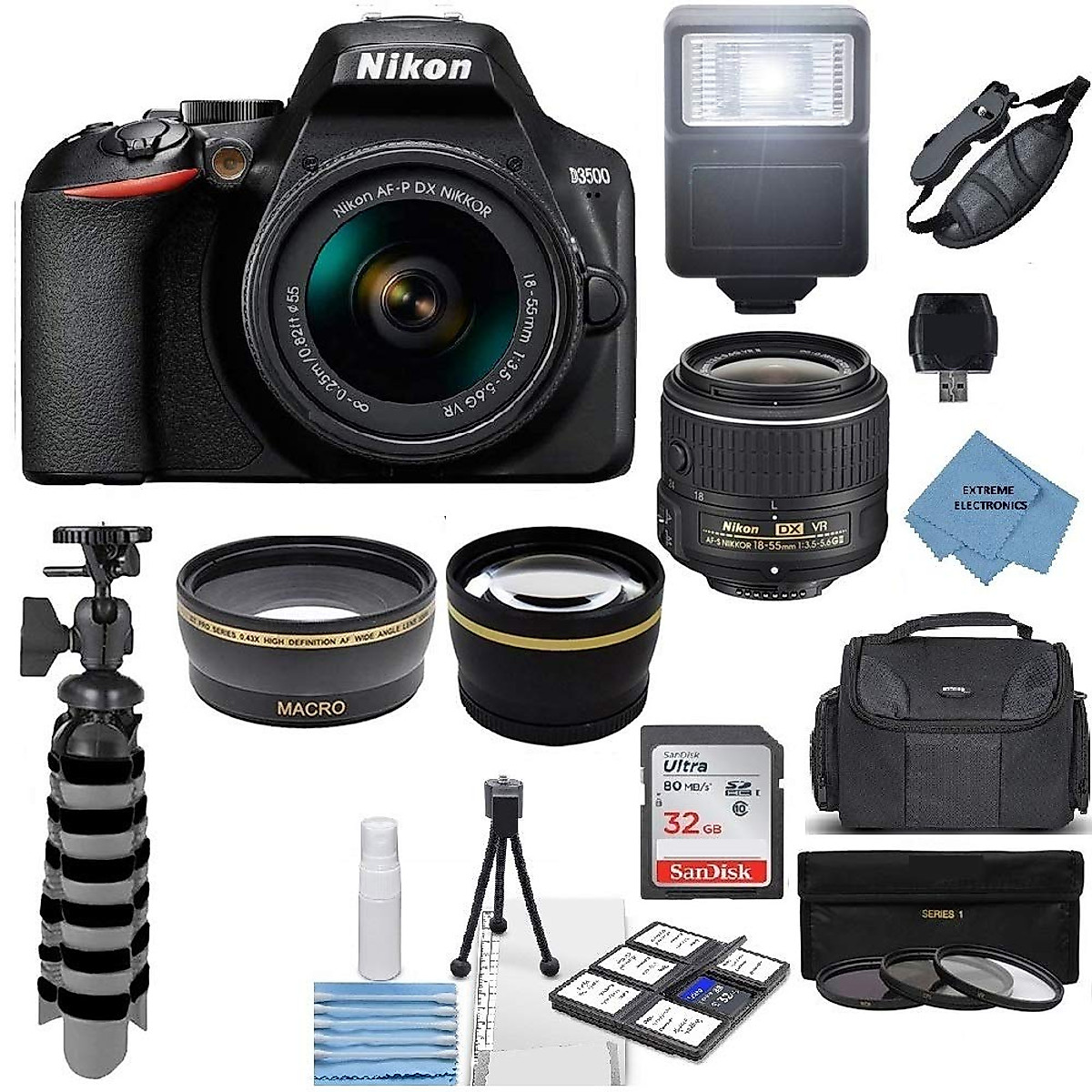 Nikon Intl D3500 24.2MP DSLR Camera + AF-P DX 18-55mm VR NIKKOR Lens Kit + Accessory Bundle + Extreme Electronics Cloth