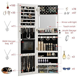 MASMIRE Jewelry Cabinet With Built-In Touch Light Mirror - 47.3" H Armoire With 4 Drawers, Wall/Over The Door Full Length Mirror With Storage - Off White