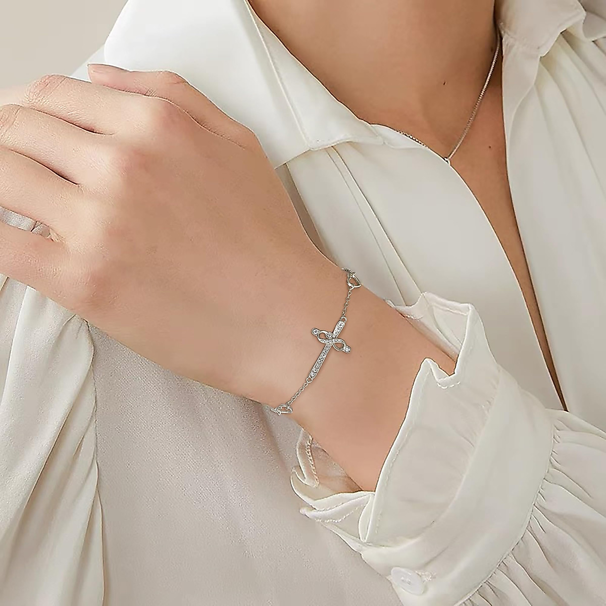 FANZE Cross Bracelet for Women 925 Sterling Silver Cubic Zirconia Good Lucky Infinity Love Heart Adjustable Link Bracelet Gift for Mother Firend