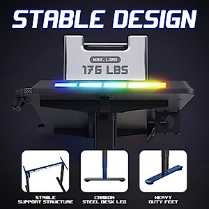 Gaming Desk with LED Lights & APP Control, 48" x 24" Gaming Table with Music Sensing, Underdesk Cable Storage Electric Standing Desk, Black Carbon Fiber PC Desk for Gaming and Home Office