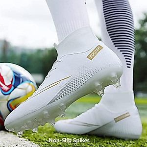 Men's Football Cleats with High-Top Non-Slip Spikes Ankle Supports Indoor Outdoor Firm Ground Soccer Shoes White EU 42 US 9