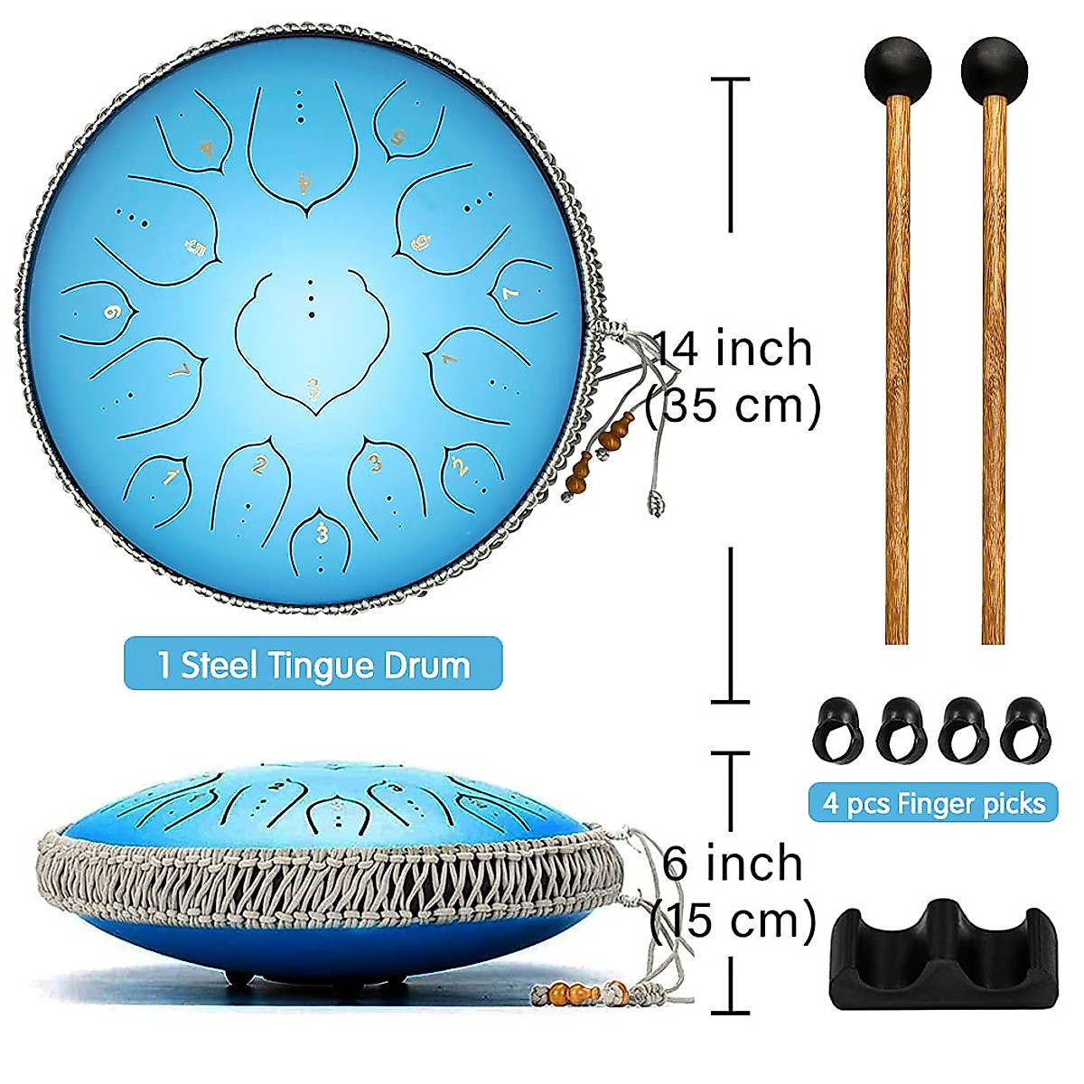 Steel Tongue Drum - 15 Note 14 Inch Tongue Drum - Tongue Drum Instrument - Hand Pan Drums with Music Book, Steel Handpan Drum Mallets and Carry Bag, D Major