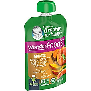 Gerber Organic for Toddler Wonder Foods Toddler Food Pouches, Mango Peach Carrot Sweet Potato Oatmeal, Organic & Non-GMO, 3.5 Ounce Pouches (Pack of 6)