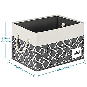 RVSNQ Large Fabric Storage Bins, Closet Storage Bins with Cotton Rope Handle and Label, Foldable Storage Boxes for Organizing, Storage Baskets for Shelves Bedroom Office (3-Pack, Grey Quatrefoil)