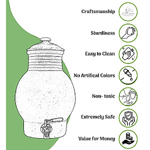 Village Decor HandMade Earthen Clay Water Pot Water Dispenser with Stainless Steel Faucet Spigot | Capacity 135 oz 4000 ml