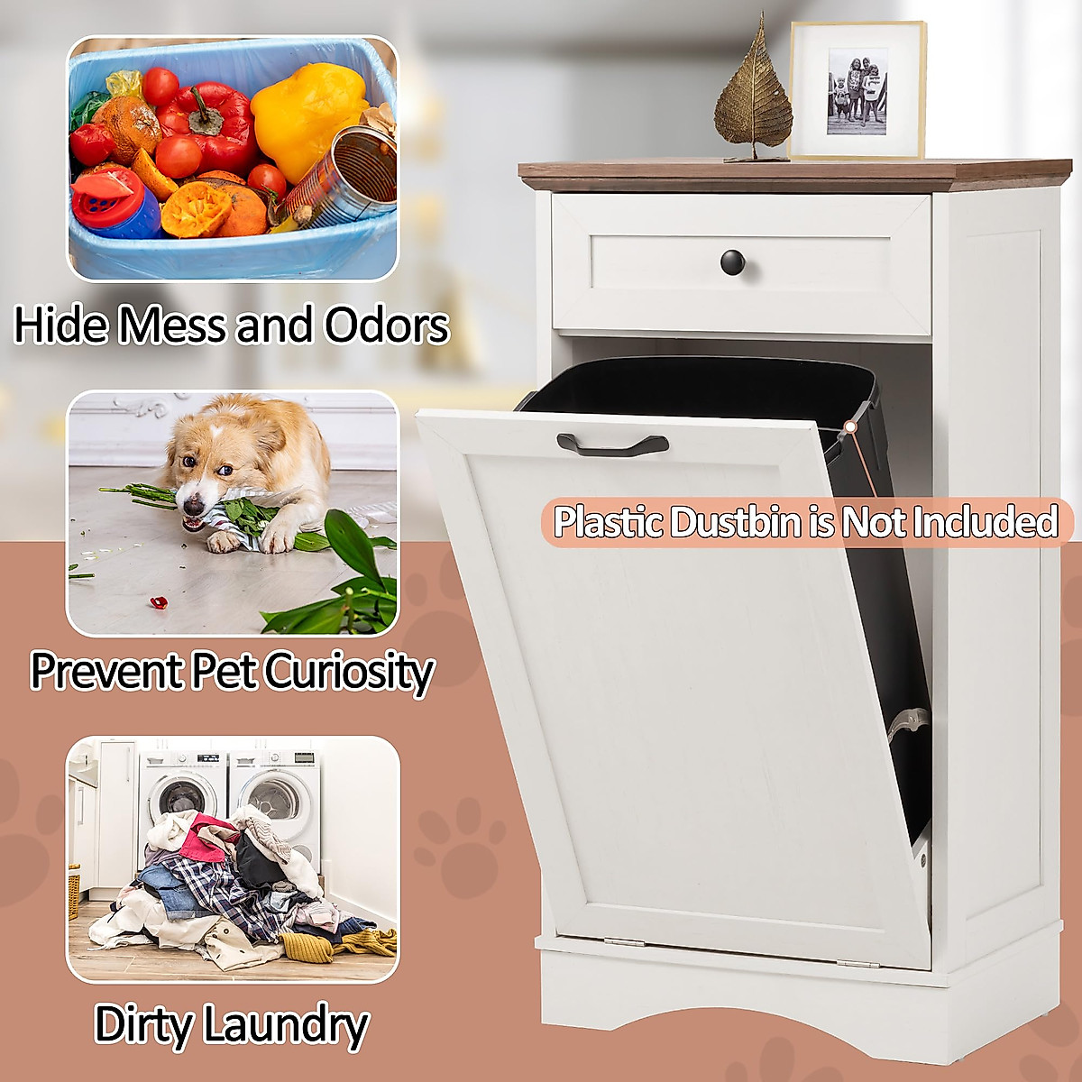 Spurgehom 13 Gallon Tilt Out Trash Cabinet Kitchen Waste Bins, Laundry Hamper Tilt Out Pet Proof Hidden Trash Bin for Kitchen Living Room, Antique White