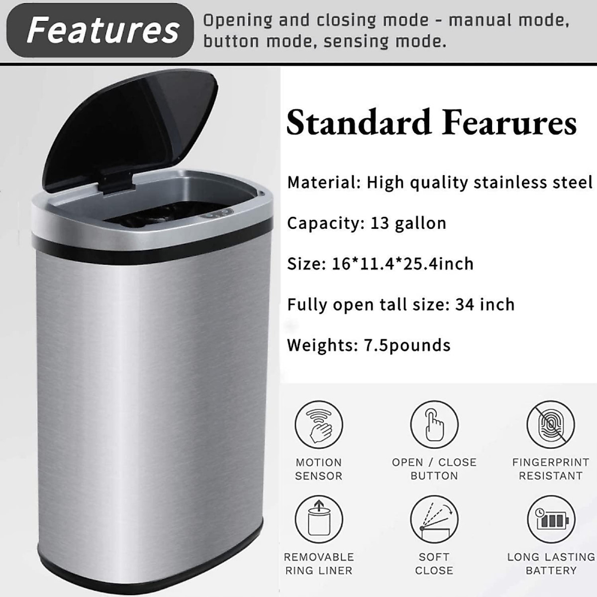 MKDLUFEI 13 Gallon Motion Sensor Trash Can, Brushed Stainless Steel, 13 Gallon Capacity, Touchless Garbage Can for Home Office