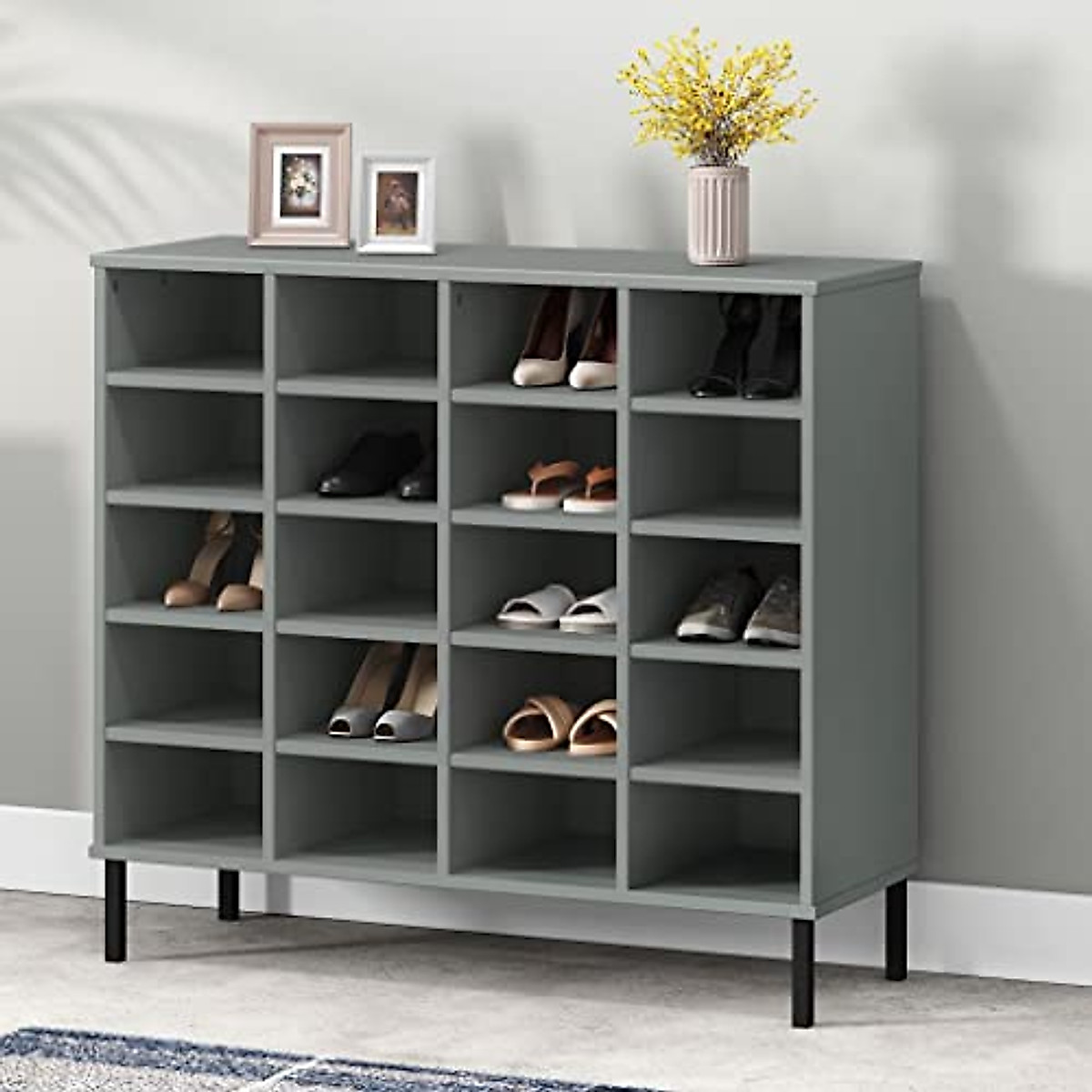 vidaXL Solid Wood Pine Shoe Rack with Metal Legs Hallway Wooden Shoe Storage Hall Cabinet Organizer Cupboard Shelf Stand Holder Unit Gray Oslo