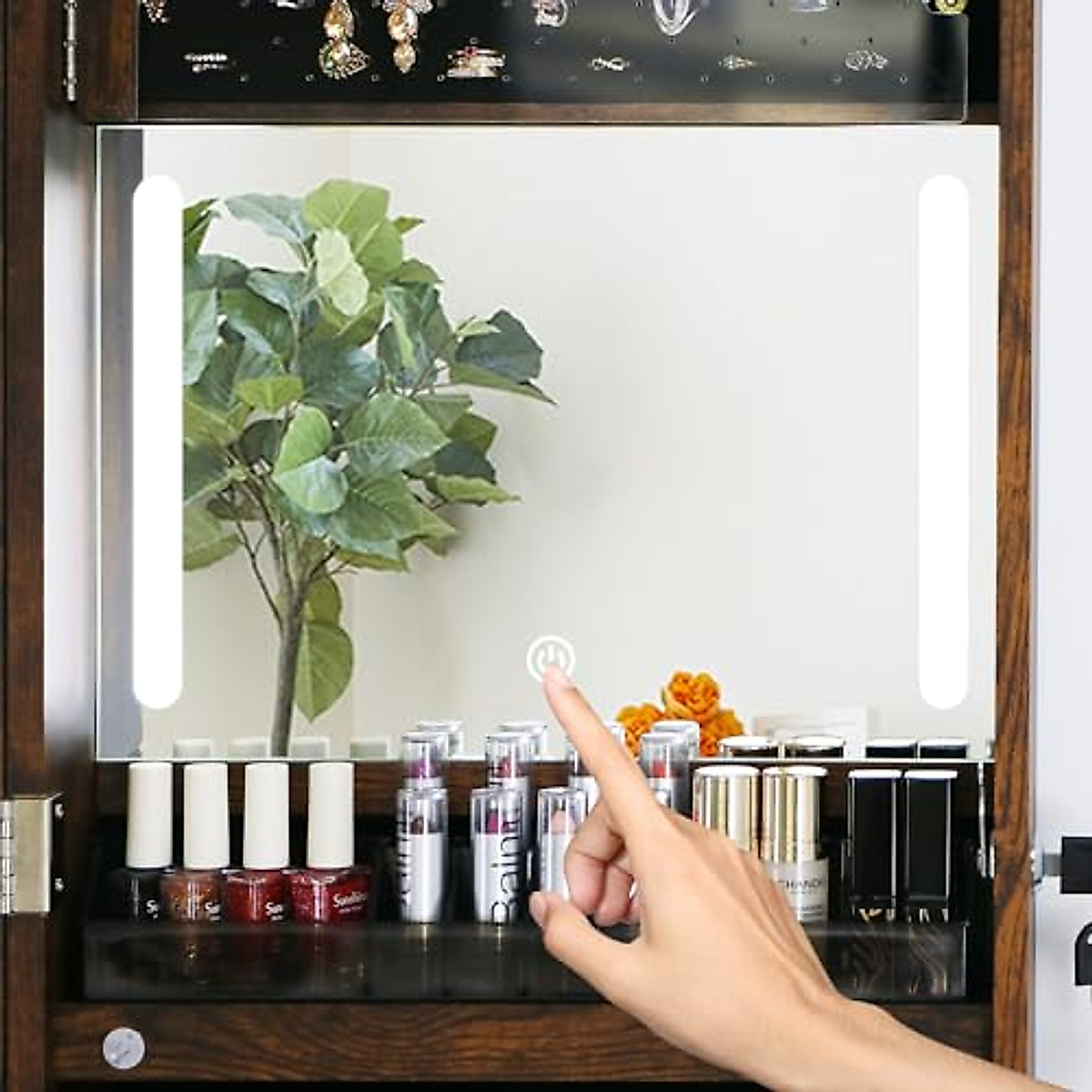 MASMIRE Full Length Mirror Jewelry Armoire With Built-In Touch Light - 47.3' H Cabinet With Wall Mount/Over The Door Mirror, Jewelry Storage and 4 Drawers - Rustic Brown