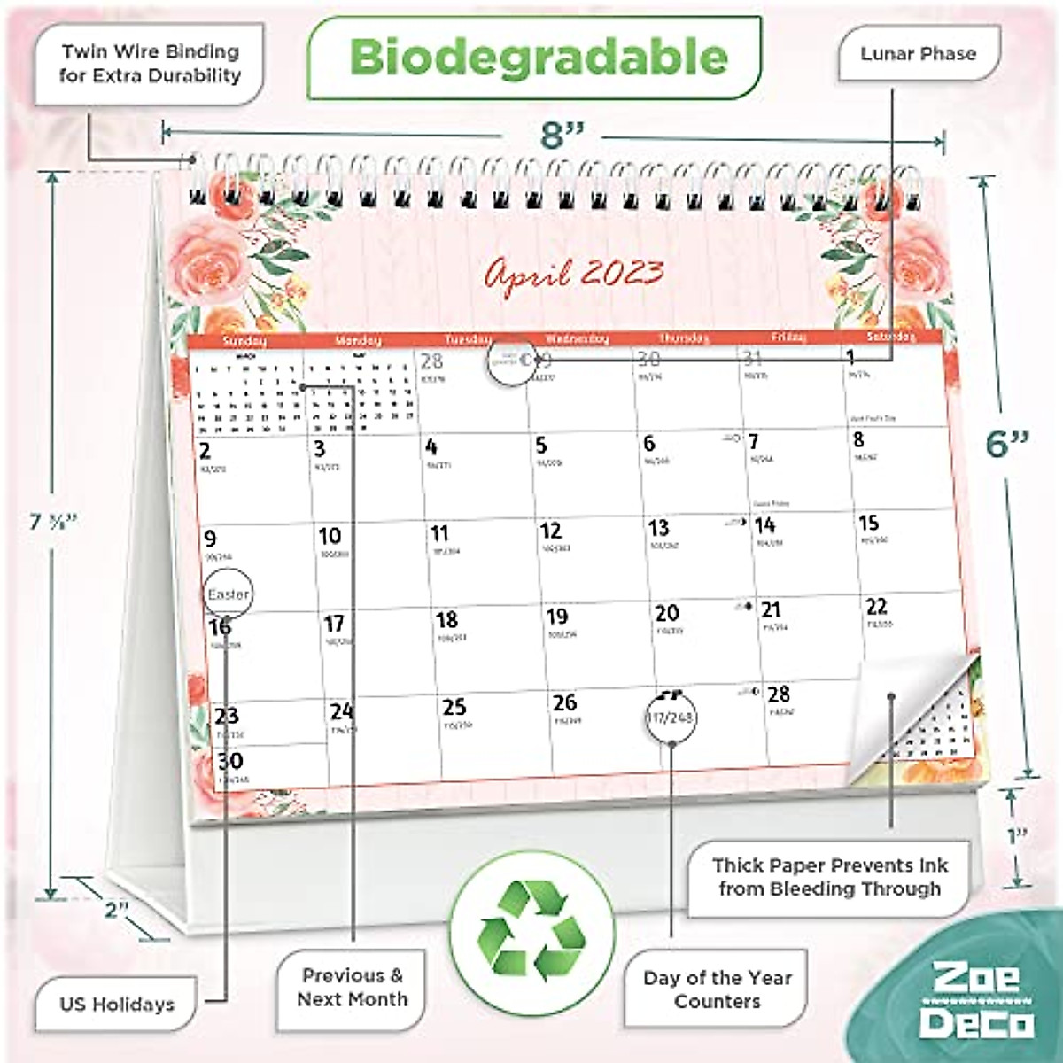 Zoe Deco 8x6 Inch 18-Month Standing Desk Calendar, Jul 2023 - Dec 2024 Tent Style Flip Calendar, Blossoms