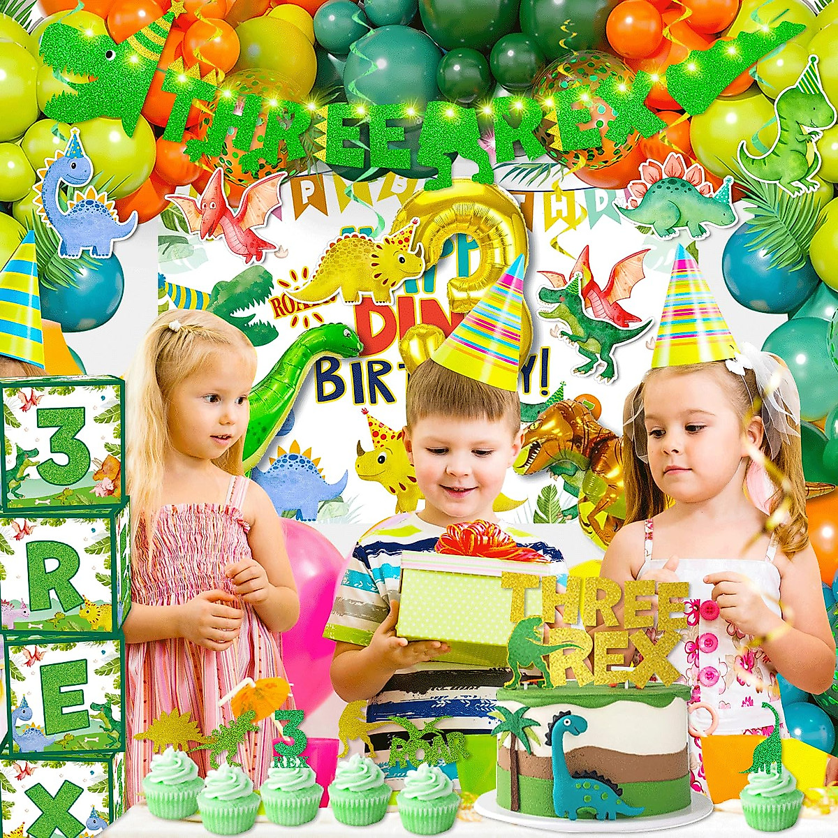 cocomigo 147pcs Three Rex Birthday Decorations Boy, Dinosaur Birthday Decorations 3 Year Old Boy Include Three Rex Balloons Banner Backdrop Etc, for 3 Rex Birthday Decorations Boys and Grils