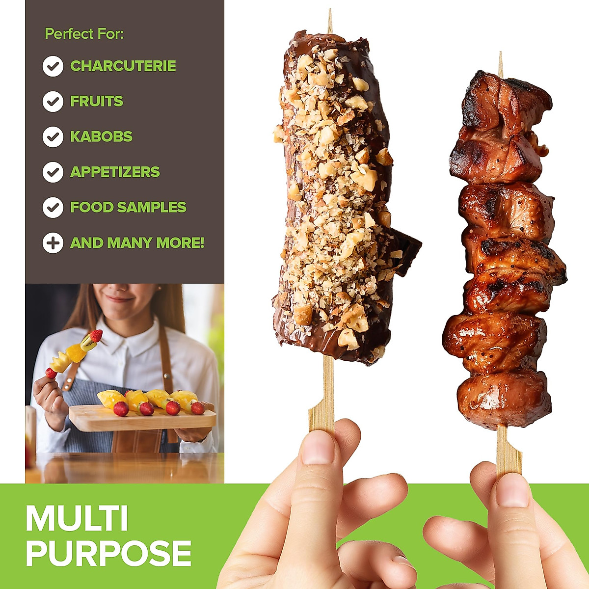 7" Inch Bamboo Skewers for Appetizers (200 Pack), Wooden Appetizer Skewers for Fruit Kabobs, Fancy Skewer Sticks for Parties, Cocktail & Martini Olive Skewers, Heavy Duty Bamboo Skewers for Kabobs