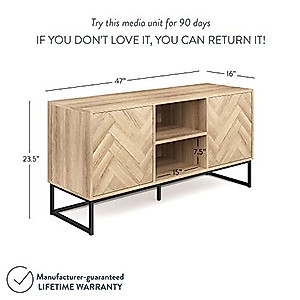 Nathan James Dylan Media Console Cabinet or TV Stand with Doors for Hidden Storage in a Natural Reclaimed Herringbone Wood Pattern and Metal, Oak/Matte Black