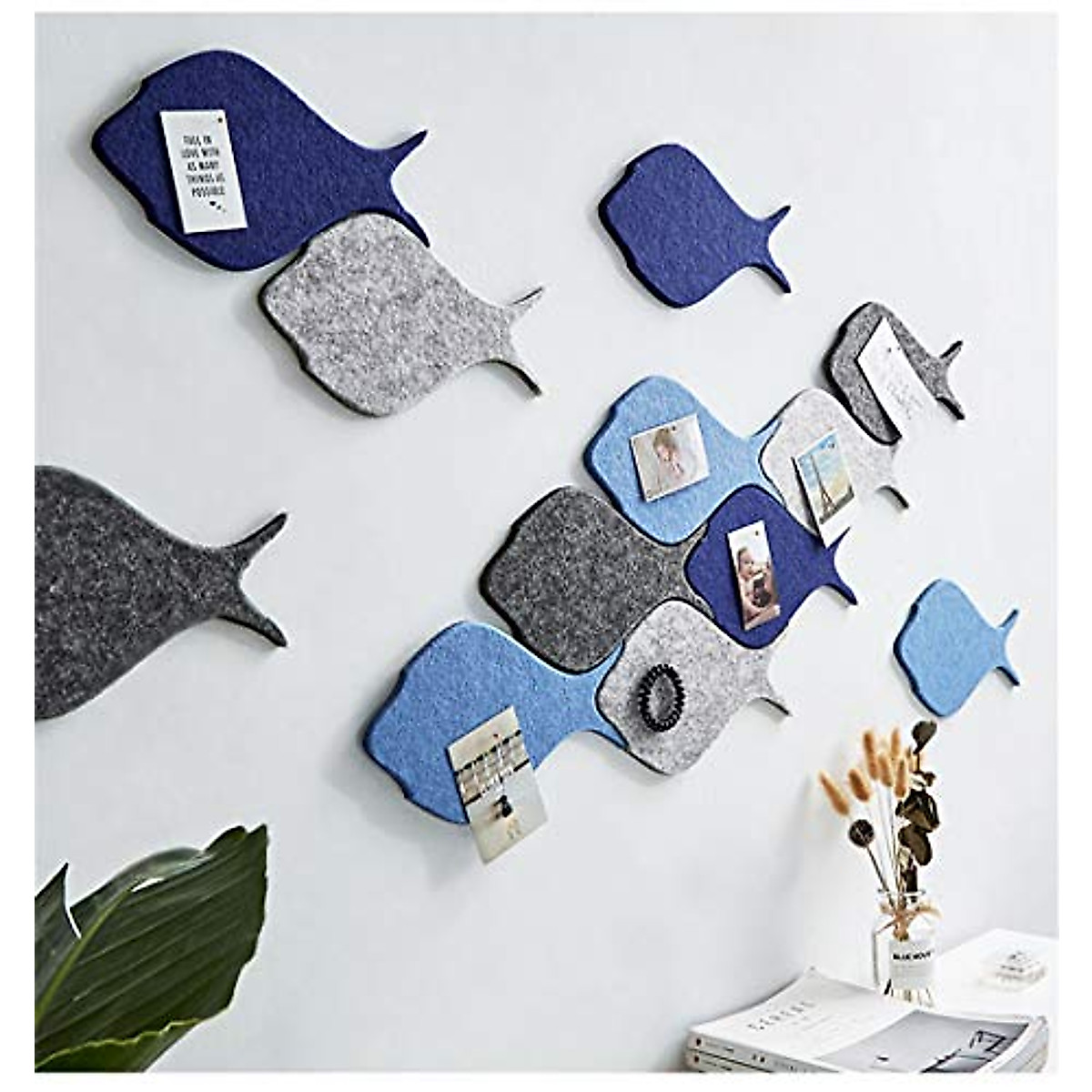 Cork Board Tiles, 8 Pcs Felt Bulletin Boards - Bonus Pins, Decorative Fish Felt Wall Notice Stickers - Memo Notes Photos Goals Pictures Drawing Kindergarten Home Creative Office Decor Sofa Wall Decal