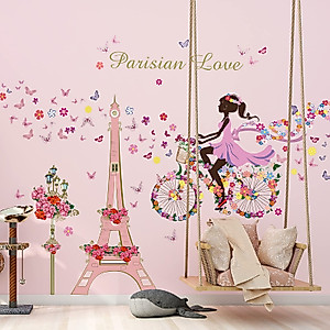 RW-9006 3D Flower Fairy Wall Decals Romance Paris Eiffel Tower Wall Stickers DIY Removable Girl Riding Bike Butterfly Floral Light Tower Decor for Girls Women Bedroom Living Room Nursery Decoration