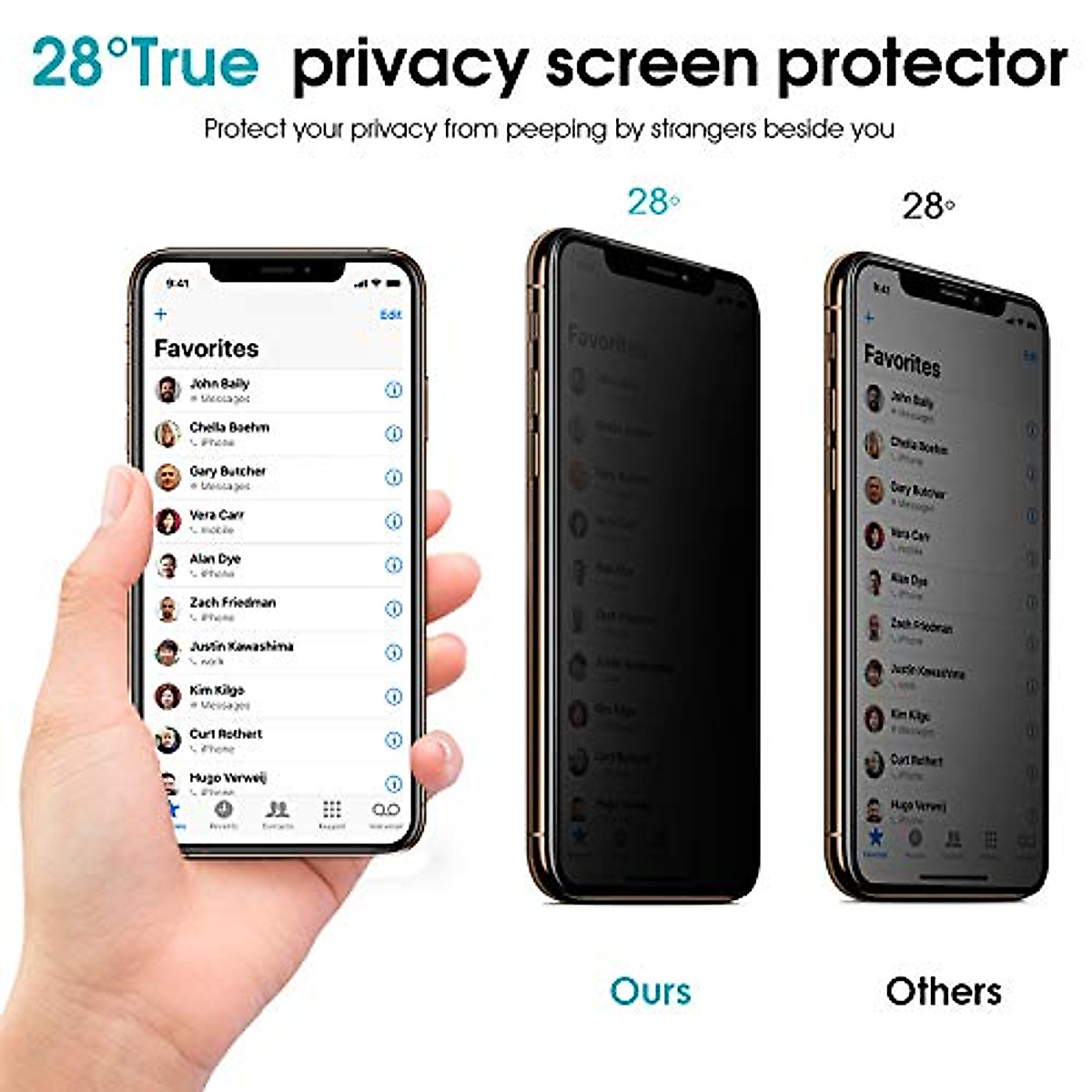 OTAO Privacy Screen Protector for iPhone 11 Pro Max/iPhone Xs Max 6.5 Inch True 28°Anti Spy Tempered Glass Full-Coverage (2-pack)