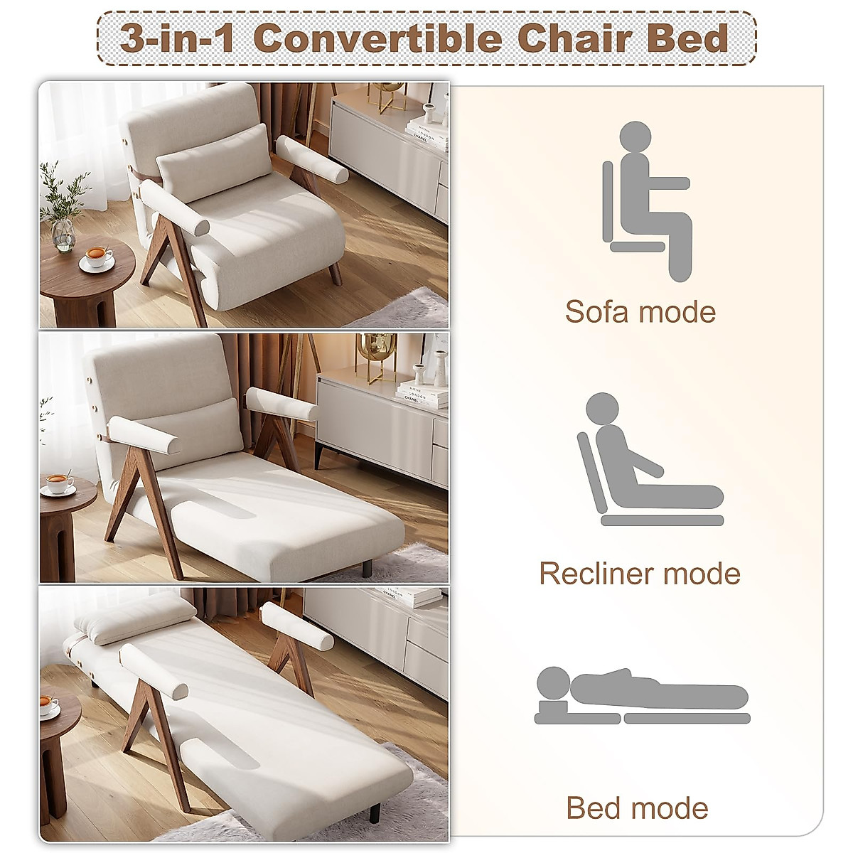 AQIMUELE Convertible Sleeper Chair Bed, 3-in-1 Sofa Bed Chair for Adults with Adjustable Backrest, Fold Out Chair Bed for Living Room/Bedroom/Office, White