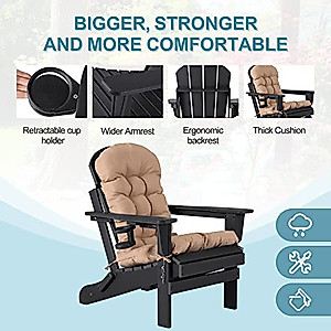 nalone Folding Adirondack Chair with Cushion with Cup Holder, HDPE Plastic Oversized Patio Chair Weather Resistant, Used in Outdoor, Fire Pit, Deck, Outside, Garden, Campfire Chairs (Black)