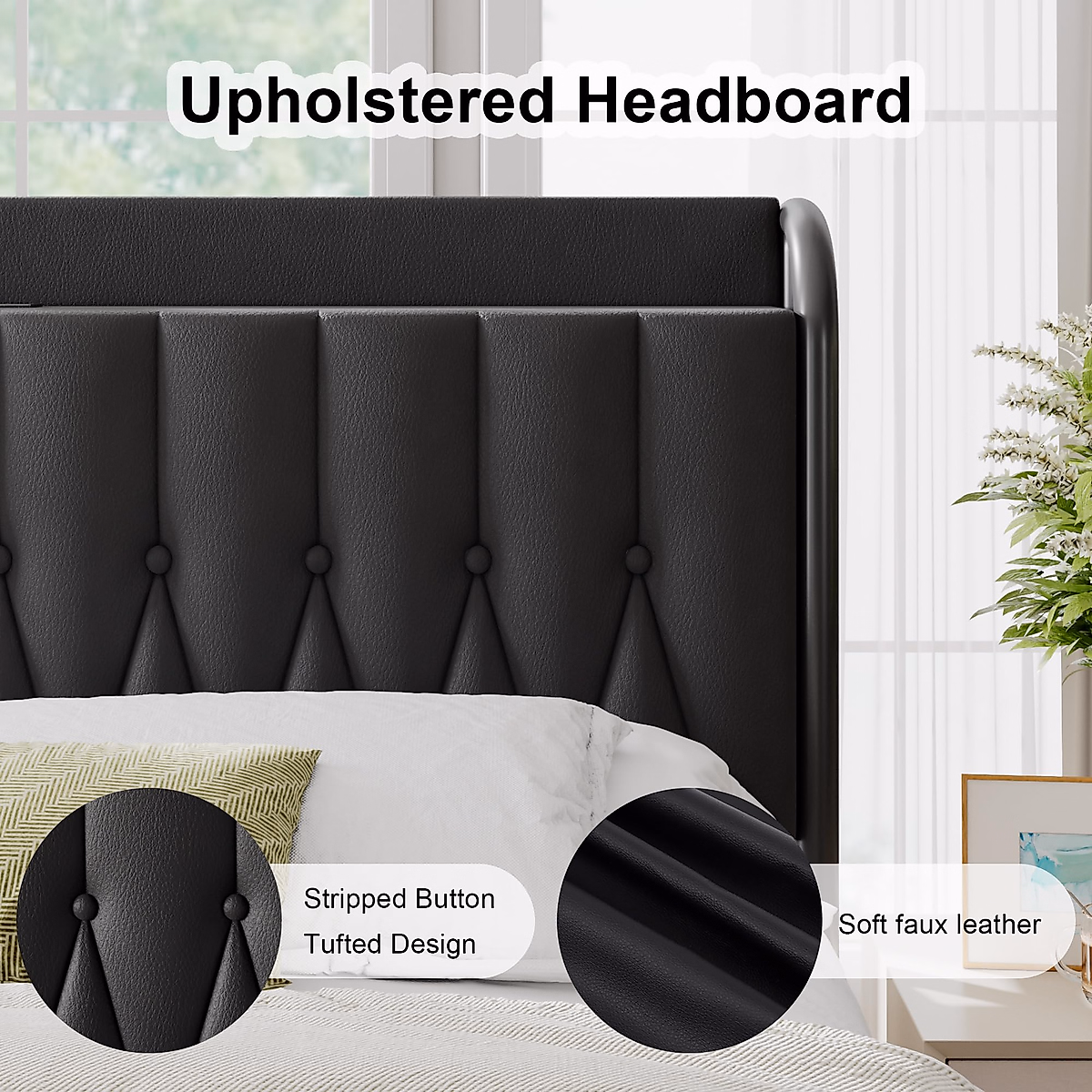 Feonase Leather Queen Bed Frame with Fast Charging Station,Queen Size Metal Platform Beds with Upholstered Headboard & Footboard,12" Underbed Storage Space,Easy Assembly,Noise-Free,Black