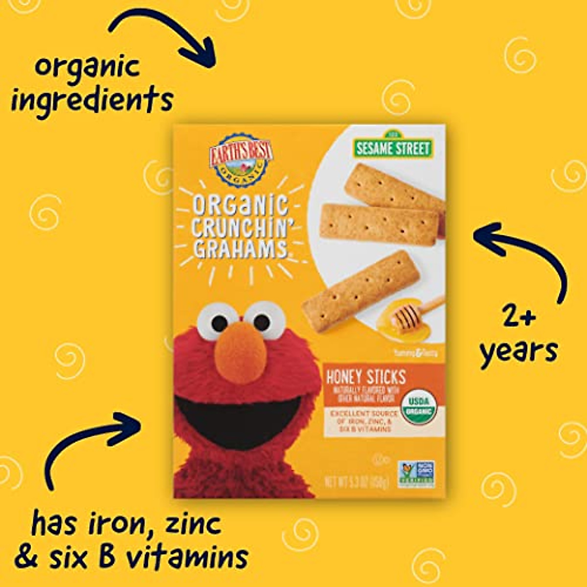 Earth's Best Organic Kids Snacks, Sesame Street Toddler Snacks, Organic Crunchin' Grahams for Toddlers 2 Years and Older, Honey Sticks with other Natural Flavors, 5.3 oz Box