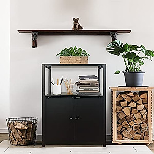 Jahof 2-Layer Industrial Bookshelf, Bookcase with 2 Doors, Standing Storage Cabinet for Living Room, Home Office, Bedroom, Washroom, Kitchen (2-Tier, Black)