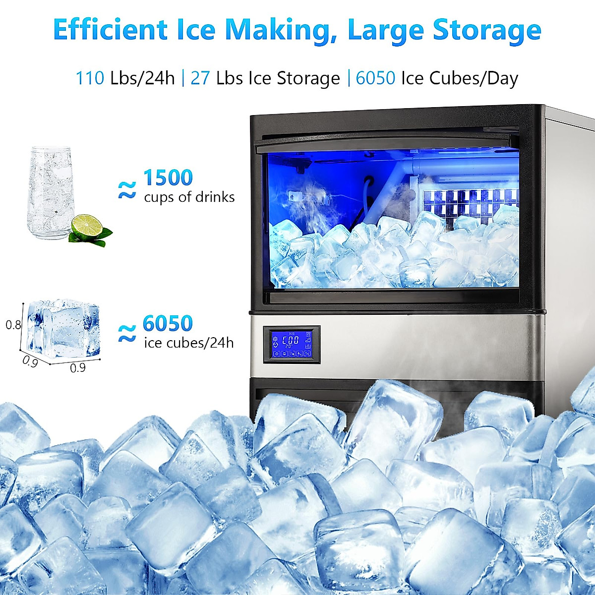 Pioneerworks Commercial Ice Maker Machine 110lbs/24H, Under Counter Ice Machine Self Cleaning with 27lbs Storage, LCD Panel and Blue Light, Stainless Steel Ice Maker for Restaurant/Home/Bars/Coffee
