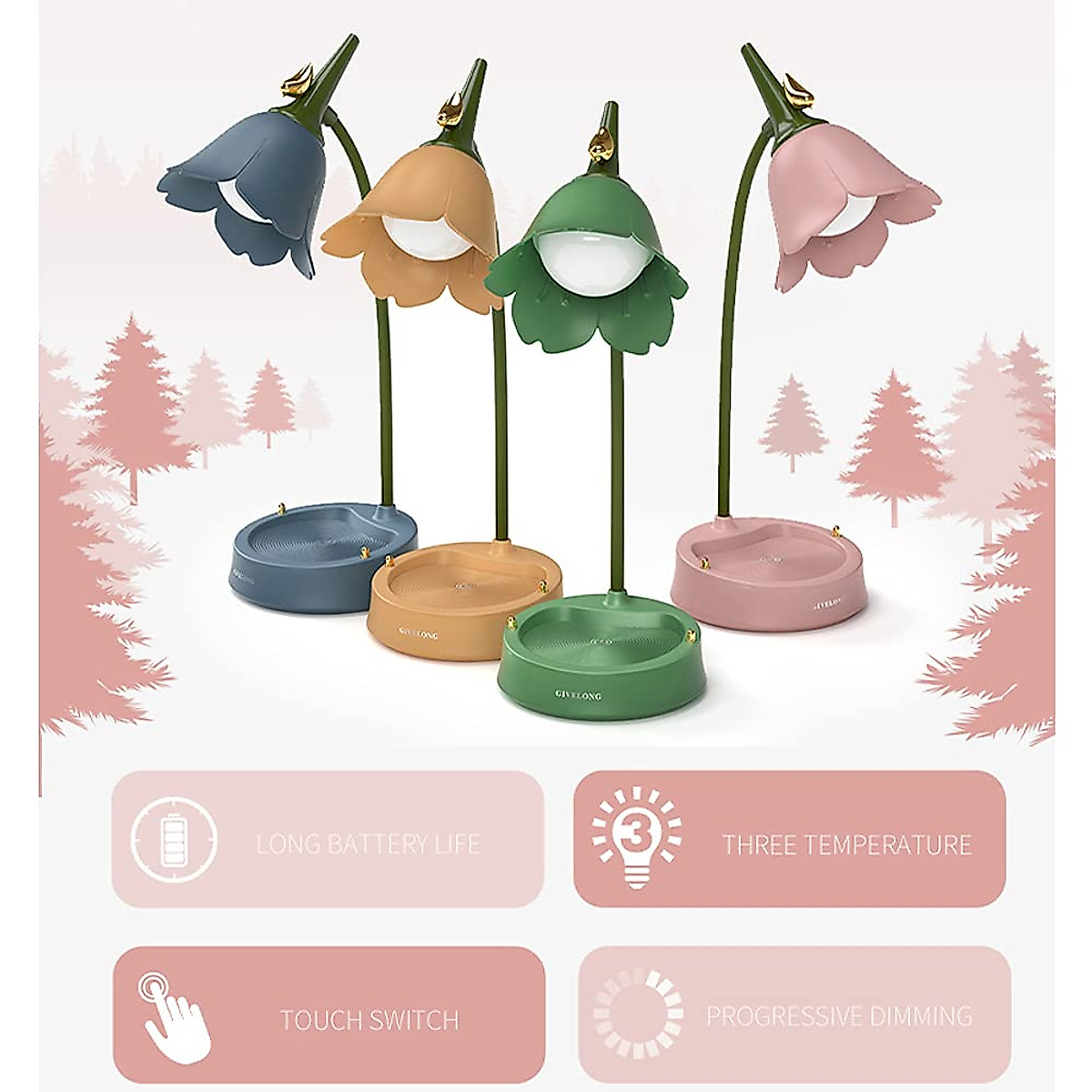 magical JD LED Desk Lamp Cordless Table Light Adjustable Gooseneck Dimmable Touch Rechargeable Battery Eye-Caring Night Light for Kids,Mini Cute Lamp for College Dorm Bedroom Reading (Pink)