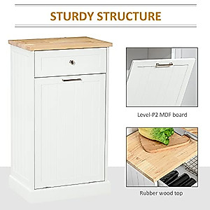 HOMCOM Kitchen Tilt Out Trash Bin Cabinet Free Standing Recycling Cabinet Trash Can Holder with Drawer, White Oak
