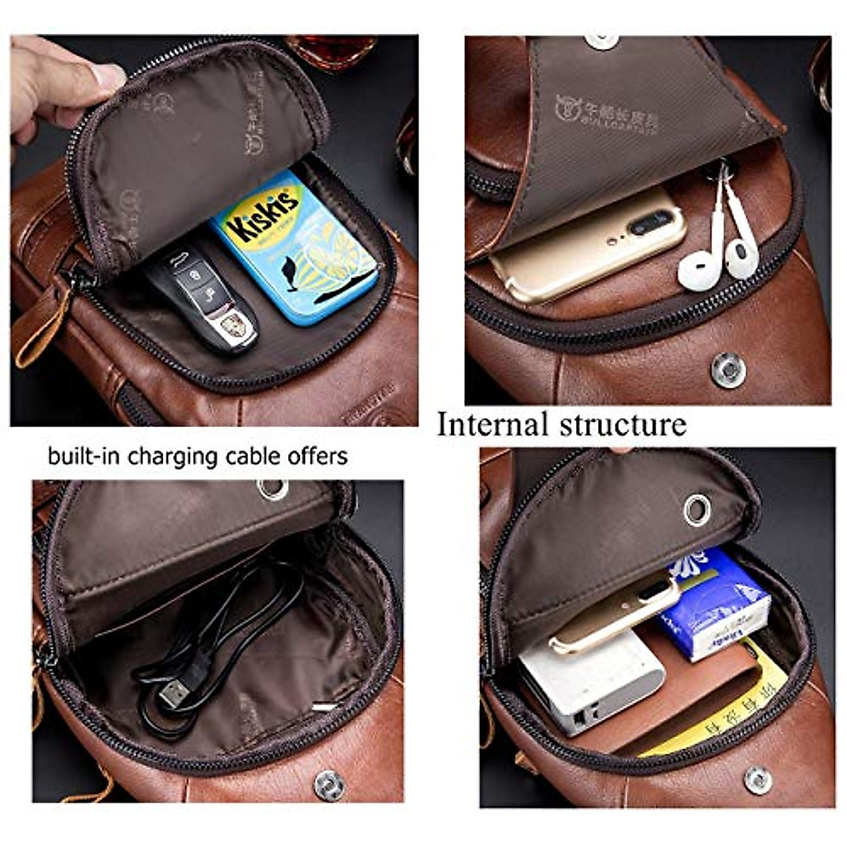BULLCAPTAIN Genuine Leather Mens Sling Bag Multipurpose Travel Crossbody Chest Bag Daypacks with USB Charging Port (Brown)