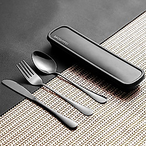 Portable Utensils Set with Case, 4pcs Stainless Steel Reusable Silverware for Lunch Camping School Picnic Workplace Travel, Lunch Box Includ Fork Spoon Knife,Easy to clean,Dishwasher Safe(Black)