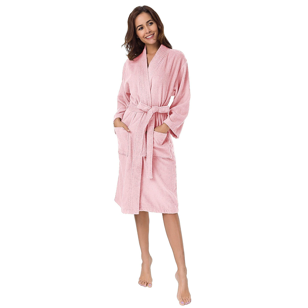 SIORO Terry Cloth Robes for Women Cotton Kimono Bathrobe Towel Soft Fuzzy Absorbent Long Sleeve Calf Length Robe Plush Warm Shower Housecoat，Light Pink Small