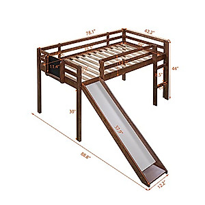 HABUHOME Twin Loft Bed with Slide, Wood Twin Size Loft Bed Frame with Stair and Chalkboard, Bedroom Furniture, Walnut