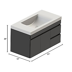 Lift Bridge Kitchen & Bath Assembled Wall-Mount Floating Bathroom Vanity with White Cultured Marble Top Sink Set, 37 in. W x 19 in. D x 29 in. H in Gray with Viteli + Siena Top