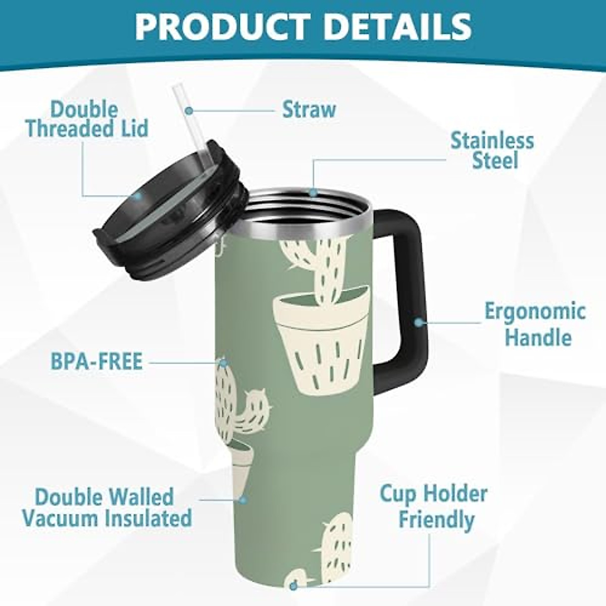 FRCSDIY Cactus Insulated Tumbler with Handle and Straw Lid,40oz Leakproof Stainless Steel Cup BPA-Free Water Bottle