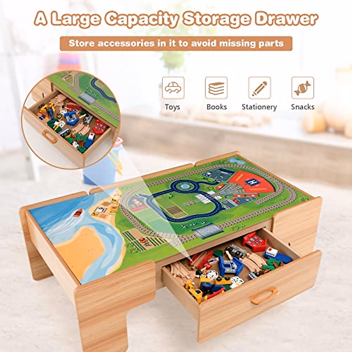 HONEY JOY Train Table, Wooden Kids Activity Table with Storage, 100 Multicolor Pieces, Tracks, Trains, Cars, Toddler Train Table Set with Reversible Tabletop, Gift for Boys Girls Age 3+, Natural