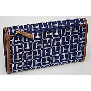 Tommy Hilfiger Women's Navy Blue Brown Logo Jacquard Checkbook Wallet Clutch Bag