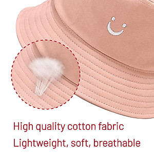 Cotton Bucket Hat for Women Men Summer Travel Sun Beach Bucket Cap, Unisex Outdoor Fisherman Hat (Smiling Face Pink)