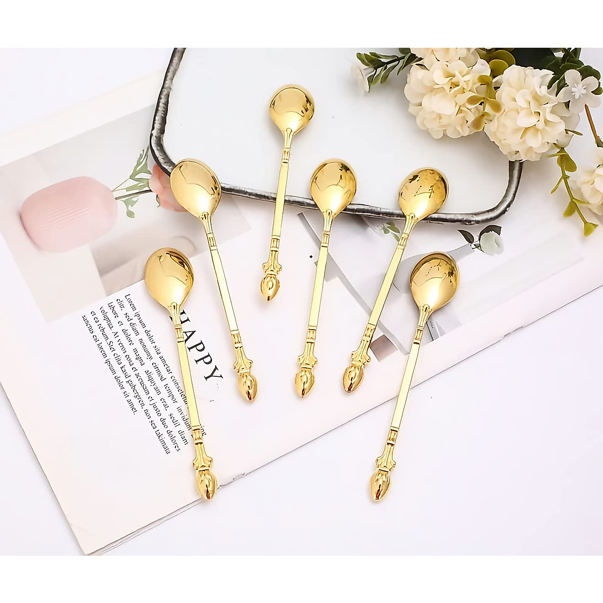 6 Pcs Metal Coffee Spoons Set ,Stainless Steel Dessert Spoon,Ice Cream Spoon with Swan Holder Household Tableware Gold spoon 6 15*5*7.5