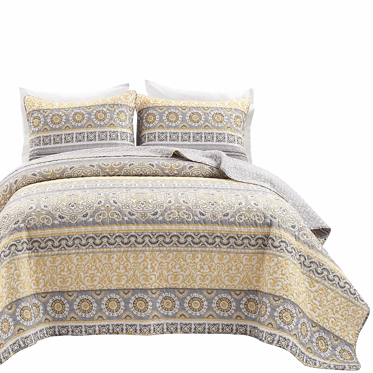 Lush Decor Nesco Stripe Reversible Cotton 3 Piece Quilt Set, King, Yellow & Gray