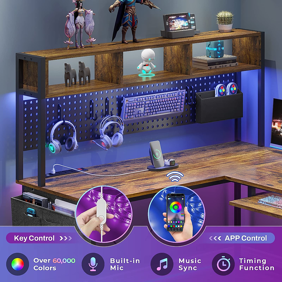 SEDETA L Shaped Computer Desk, Reversible Corner Desk with Power Outlet and Pegboard, Computer Desk with Led Lights, Keyboard Tray, Headphone Hook and Storage Shelves, Rustic Brown