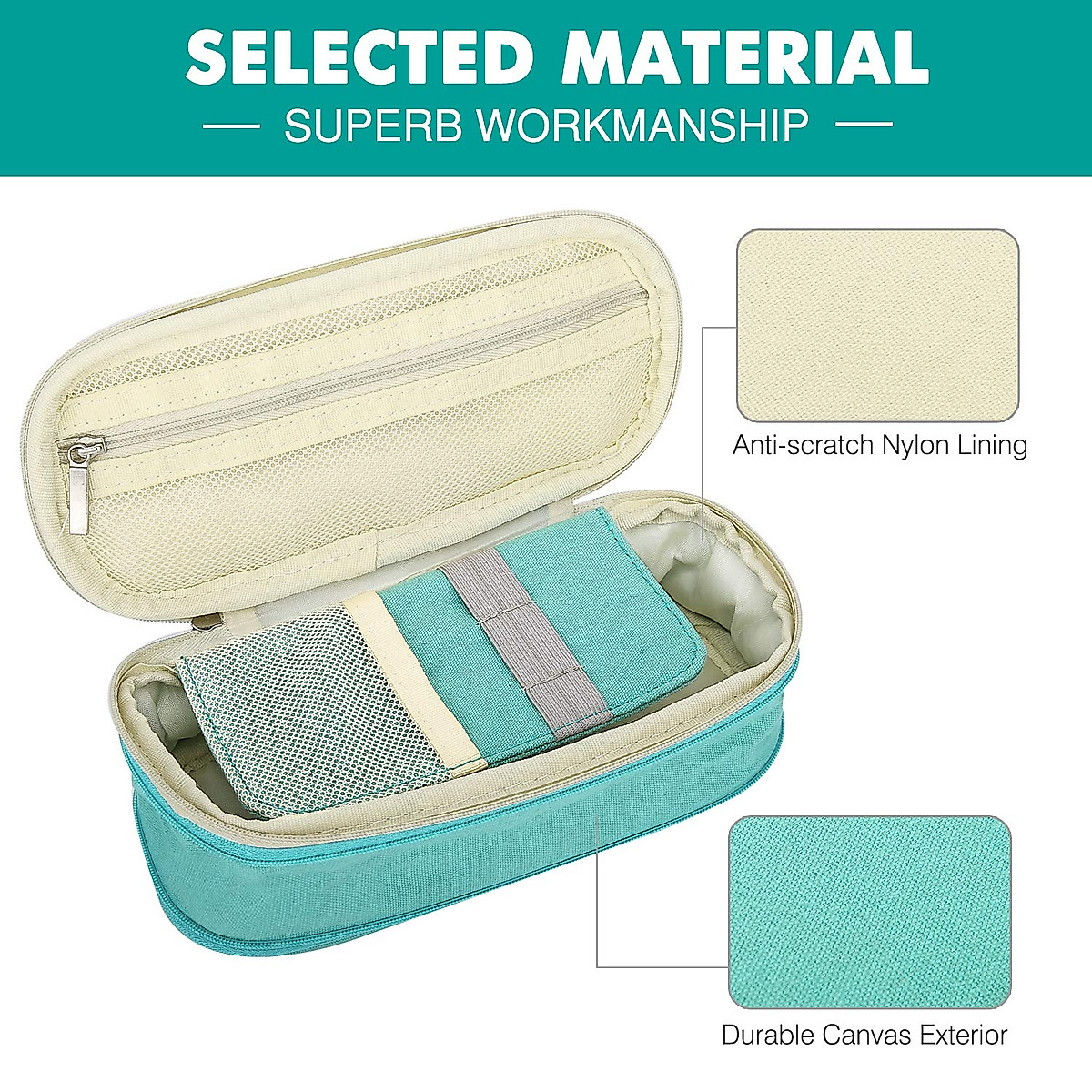 MoKo Big Capacity Pencil Pen Case, Large Capacity Storage Bag Pouch Box Makeup Pen Bag Cosmetic Bag Stationery Organizer Storage with Zippers for Office/School Supplies - Beige & Blue