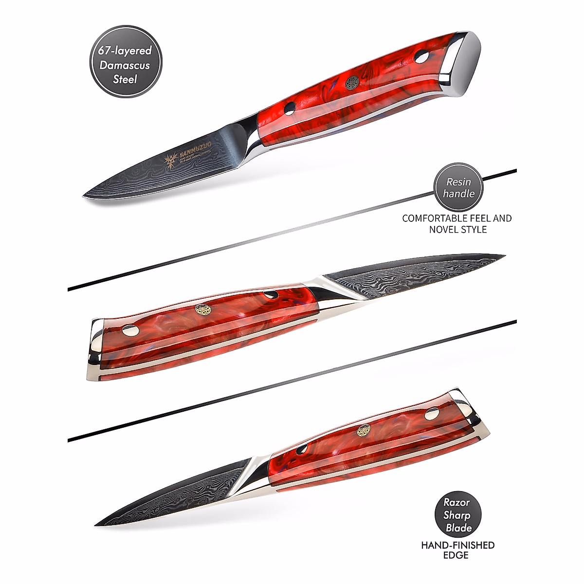 SANMUZUO 3.5 Inch Paring Knife - Kitchen Fruit Vegetable Knife Damascus Steel & Resin Handle - Xuan Series (Sunset Red)