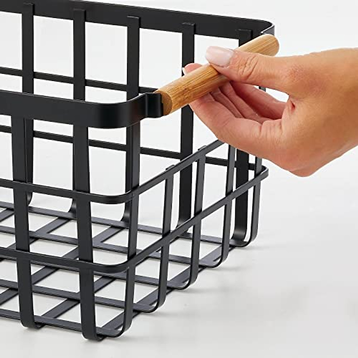 mDesign Metal Wire Food Organizer Storage Bin Basket with Bamboo Handles for Kitchen Cabinets/Pantry Organizing - Farmhouse Decor - Yami Collection - 4 Pack - Matte Black/Natural