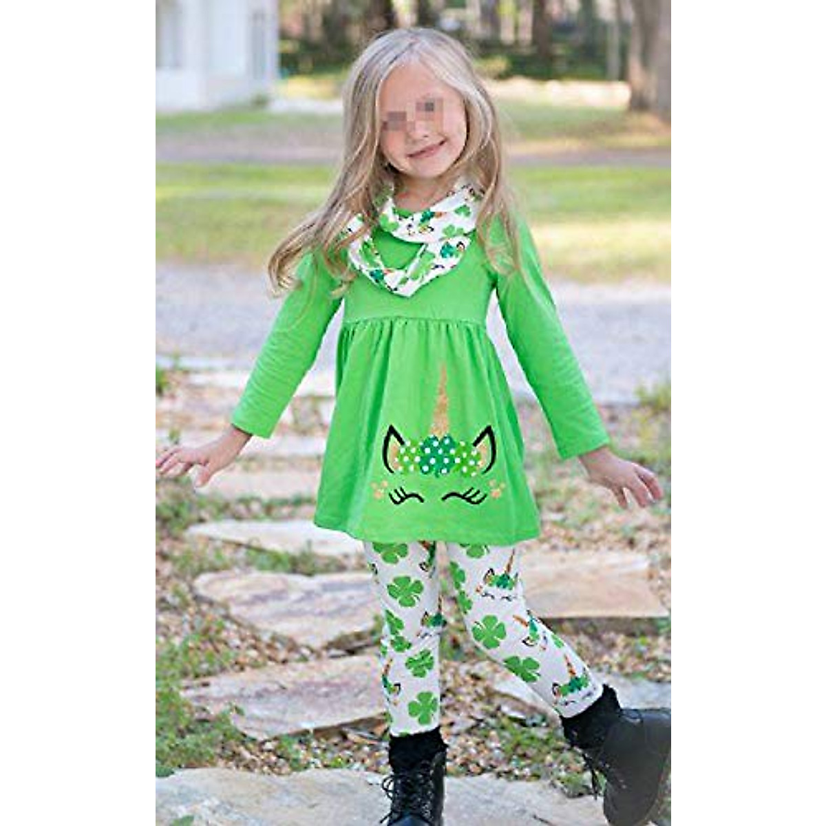 sshybmne Toddler Kids Girl St. Patrick 's Day Outfits Long Sleeve Top Dress Four-Leaf Clover Print Pants Clothes Set (Green, 6-7T)