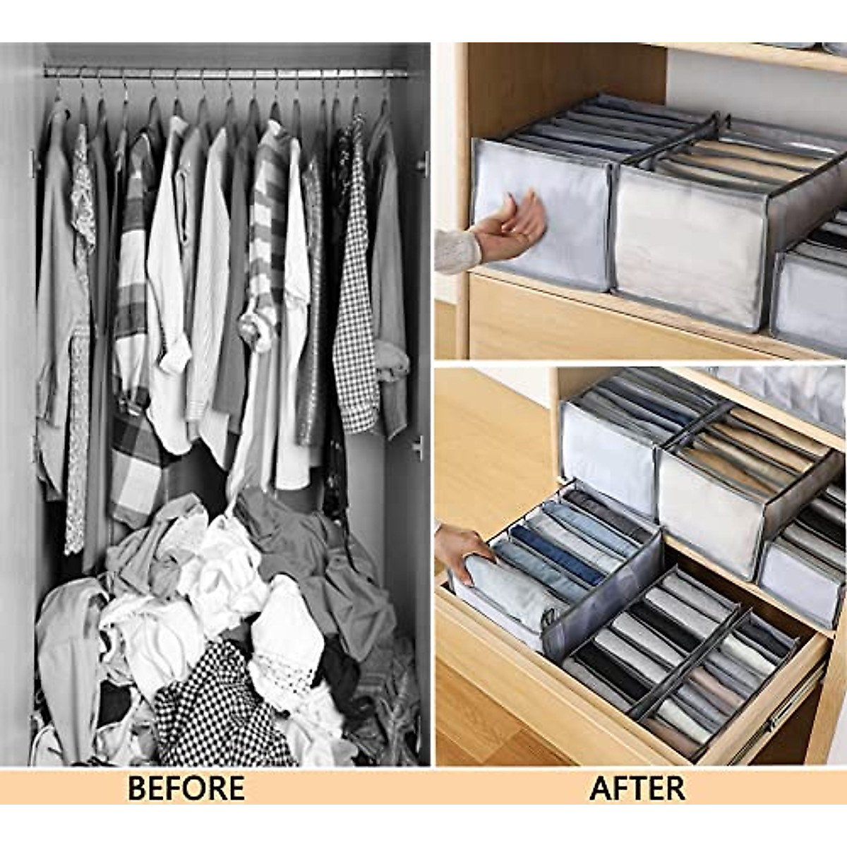 MUIRK Upgraded Wardrobe Clothes Organizer for Jeans/T-Shirts/Socks/Bra,Clothes Organizer for Folded Clothes,Designed with transparent nylon mesh(6PCS:2Jeans+2Shirts+2Leggings)