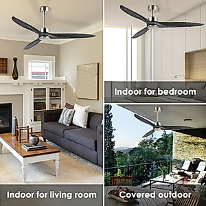 WINGBO 60 Inch DC Ceiling Fan without Lights, 3 Reversible Carved Solid Wood Blades, 6-Speed Noiseless DC Motor, Ceiling Fan No Light with Remote, Brushed Nickel Finish with Gray Blades