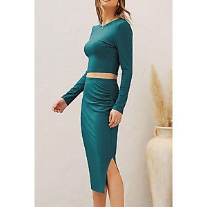 PRETTYGARDEN Womens 2024 Fall 2 Piece Outfits Track Suits Long Sleeve Crop Tops Bodycon Midi Skirt Slit Dress Matching Sets (Dark Green,Medium)